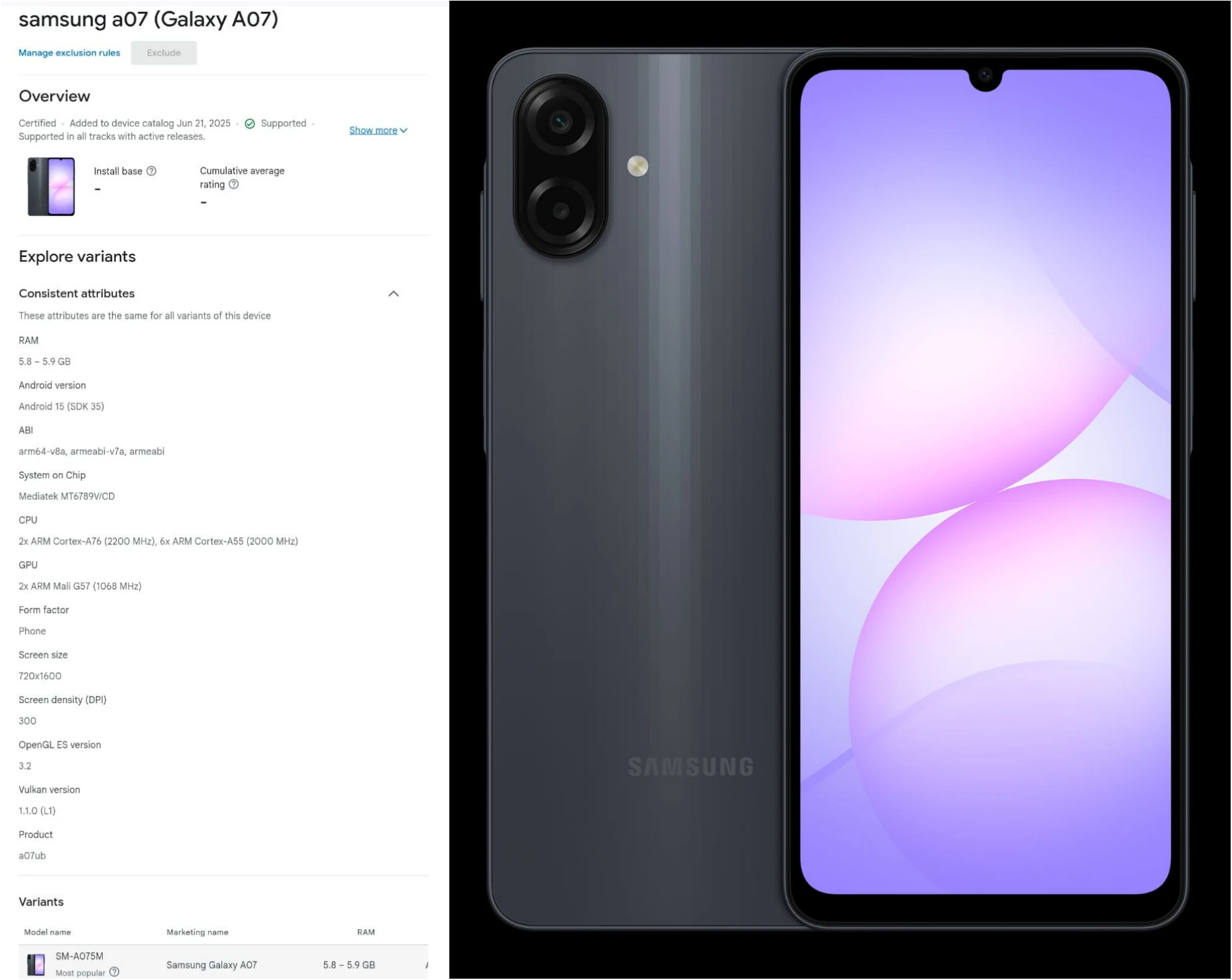 Samsung Galaxy A07: especificaciones filtradas, diseño y más